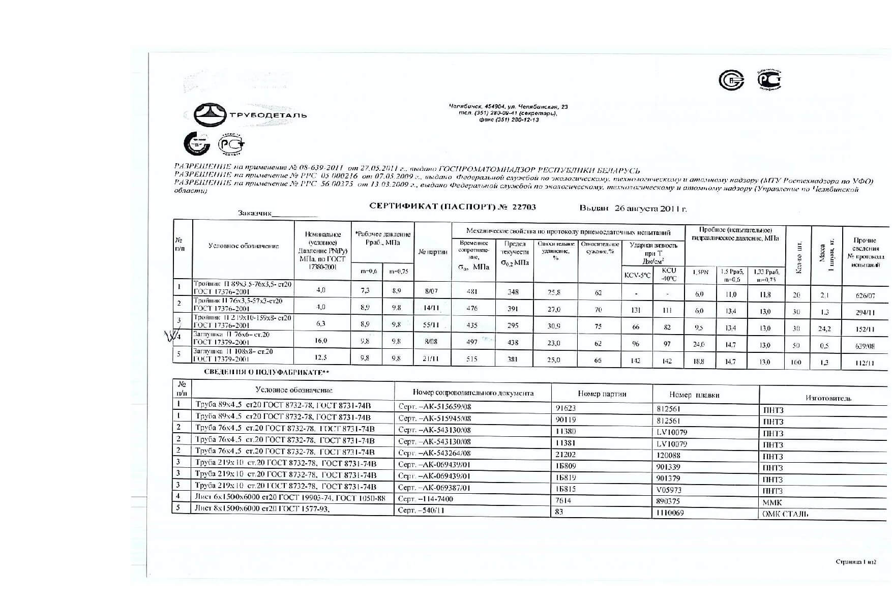 Наши сертификаты на тройники | Металлгорсталь